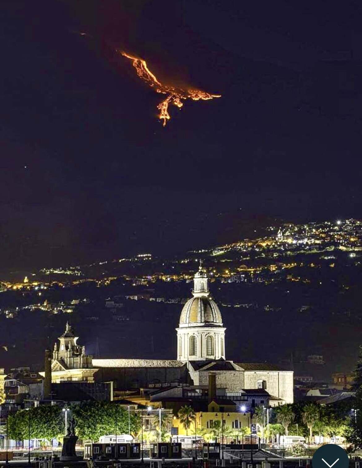 The start of the eruption of Mount Etna volcano makes a view that looks ...