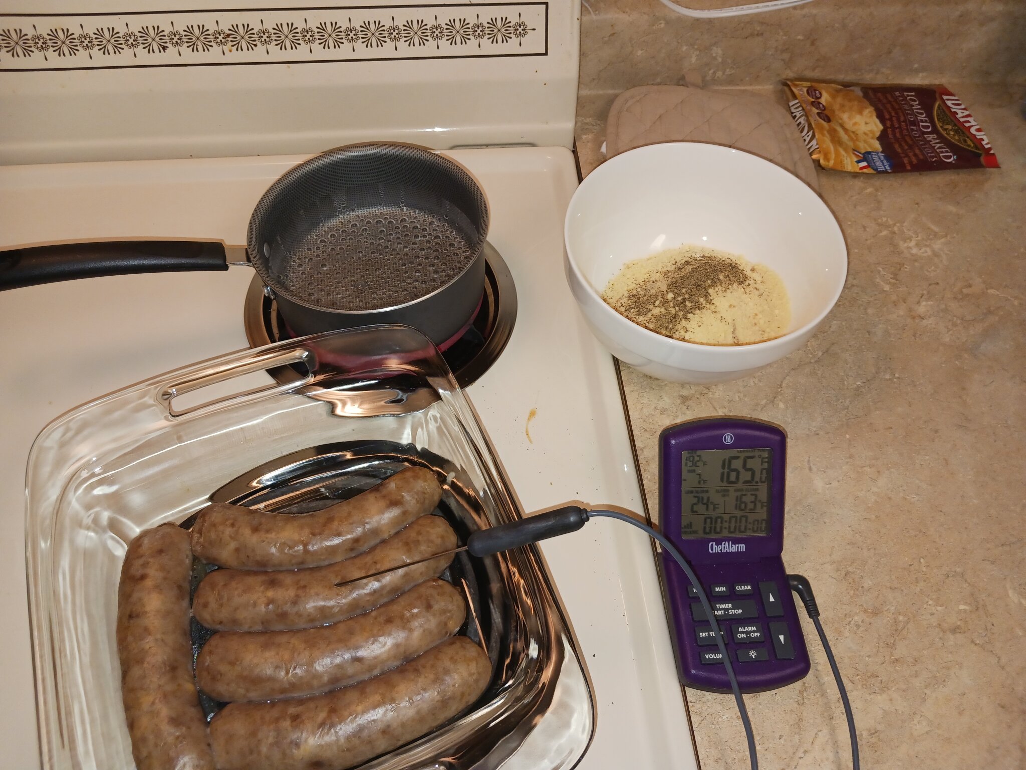 Cheddar bratwursts and loaded baked mash spuds for dinner tonight ...