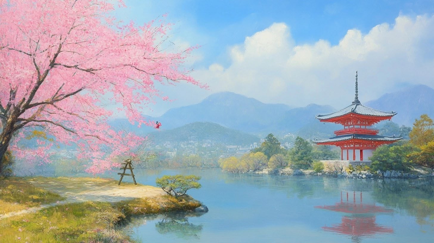 Japan in the Spring - Oil on Canvas This oil painting on canvas depicts ...