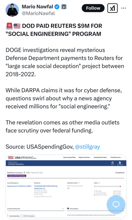 DoD Paid Reuters $9 Million For "Large Scale Social Deception" So now ...